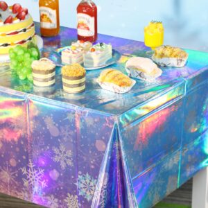 3 Pack Iridescent Winter Snowflake Plastic Tablecloth Decorations, Holographic Blue and Purple Snowflake Winter Wonderland Disposable Table Cover for Winter Holiday Birthday Decorations, 54x108 Inch