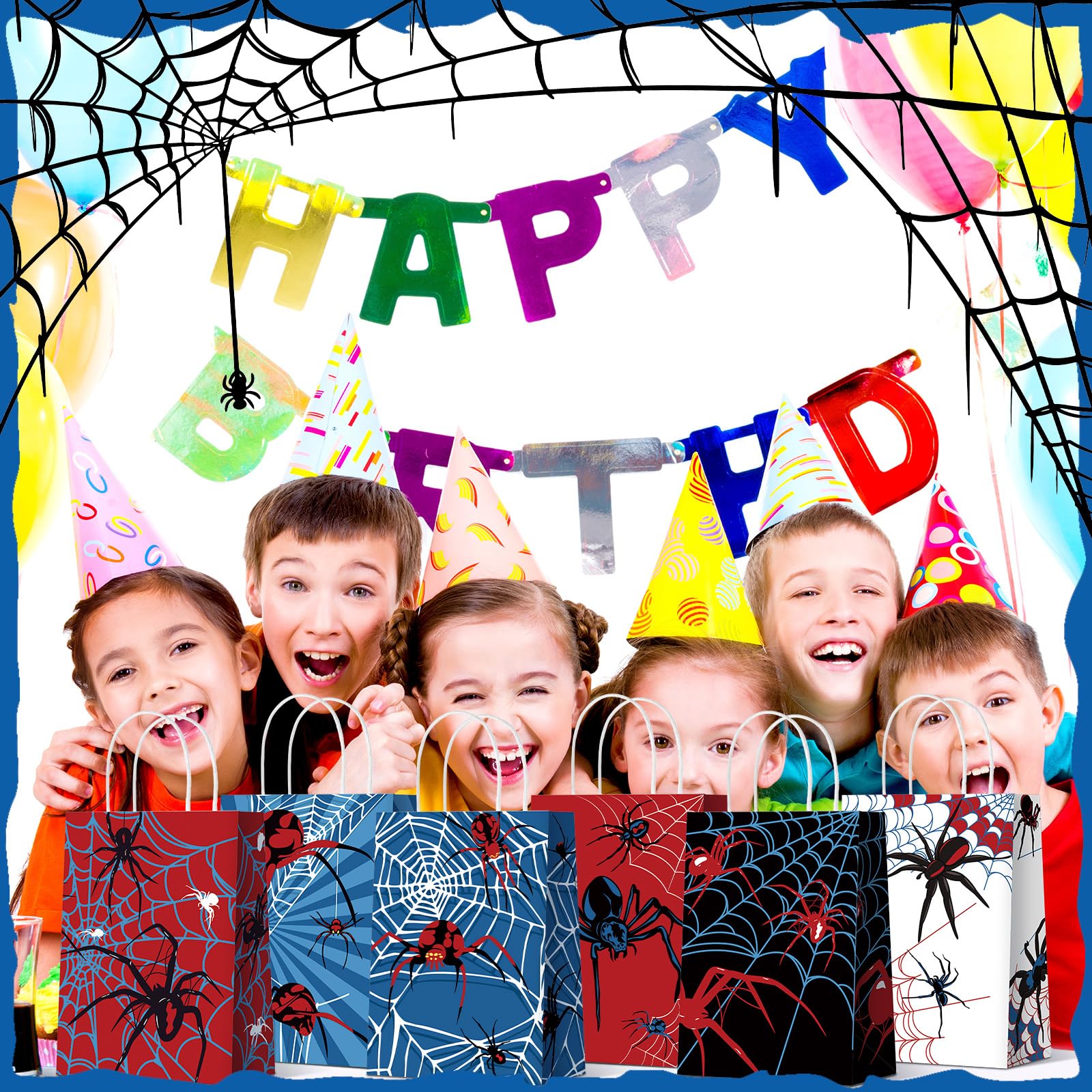 Epakh 24 Pcs Spider Party Favors Bags with Handles Spider Birthday Party Decorations Double Sided Spider Web Printed Goodie Candy Bags for Kids Boys Spider Party Favors(Black, Red, blue,Classic)