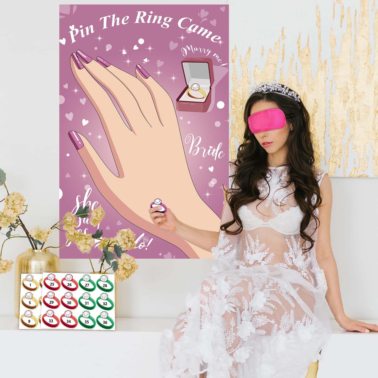 Hxezoc Pin The Ring On The Bride Game with 48 Pcs Rings, Large Bridal Party Games Poster for Bachelorette Party, Bridal Shower, Wedding Party, Birthday Party, Carnival Party Supplies