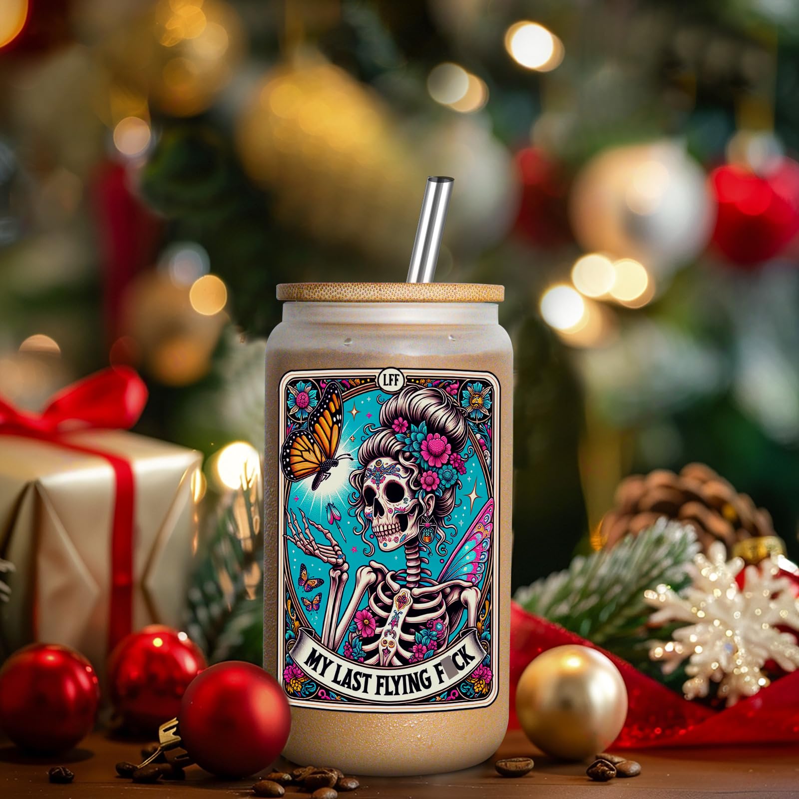 LEADO Tarot Card Funny Skull Cup, Halloween Cup Coffee Tumbler, 16 oz Cute Frosted Glass Cups with Lids Straws - Witchy Gifts for Women, Halloween Gifts, Christmas Gifts for Friend Mom Sister