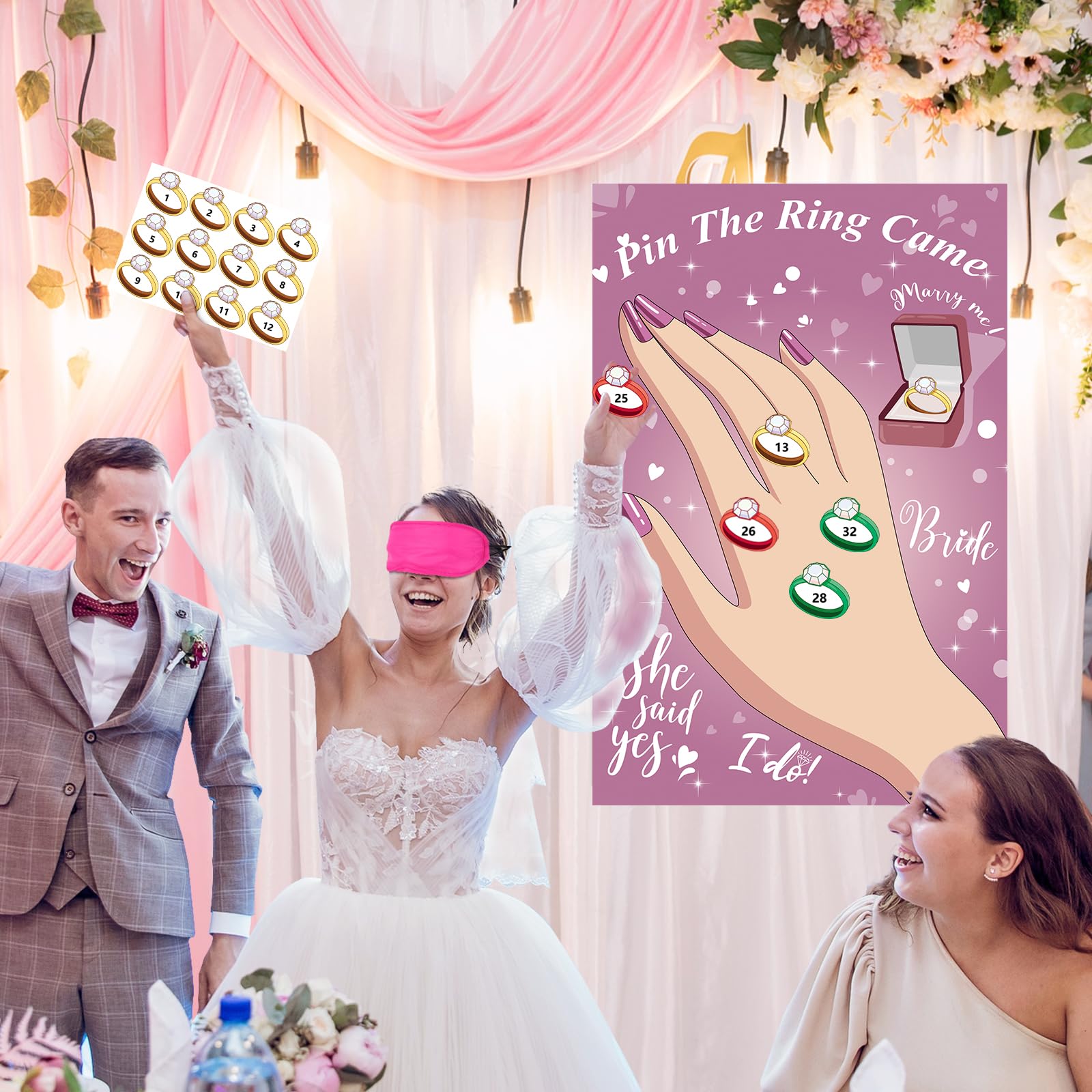 Hxezoc Pin The Ring On The Bride Game with 48 Pcs Rings, Large Bridal Party Games Poster for Bachelorette Party, Bridal Shower, Wedding Party, Birthday Party, Carnival Party Supplies