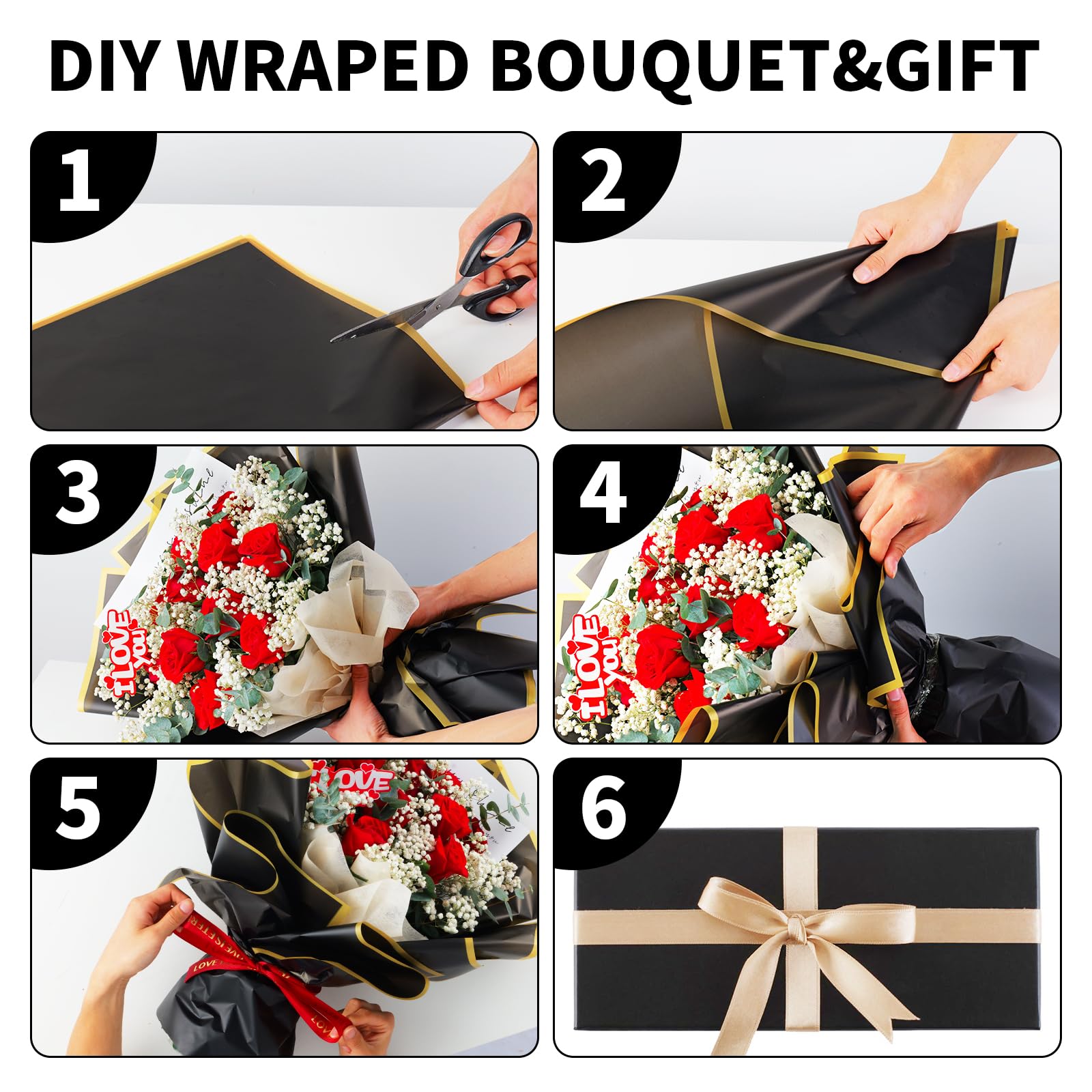 Duyasurs 20 Sheets Flower Wrapping Paper, Waterproof Bouquet Wrapping Paper, 22.8x22.8IN Floral Wrapping Paper, DIY Gift Wrapping or Gift Box, Wrapping for Wedding Birthday Gifts, Gold Edge (Black)