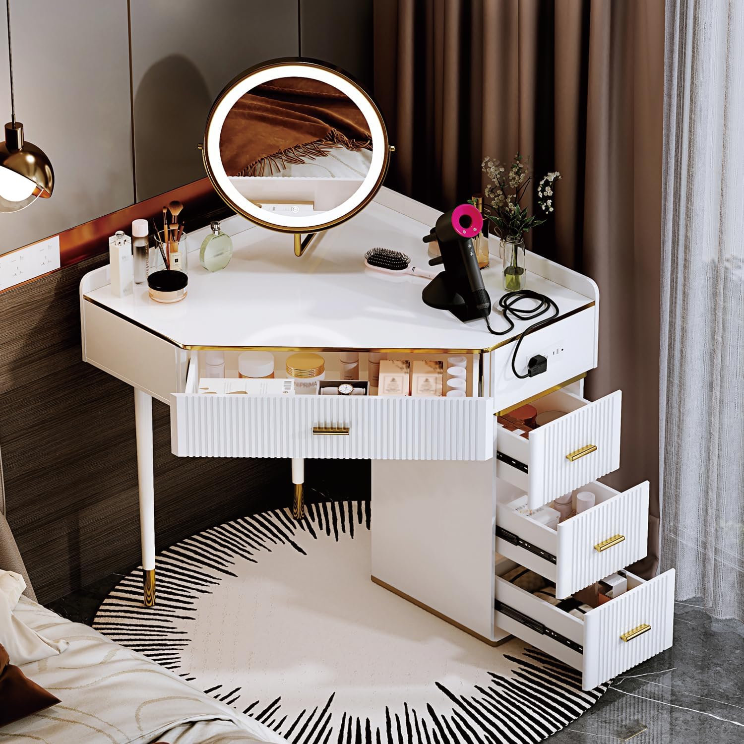 Makeup Vanity Desk with Mirror and Lights, Modern White Corner Vanity Desk, Large Size Corner Vanity Desk, Vanity Table with 4 Drawers, With Power Strip and Nightstand,Writing Desk, White Vanity