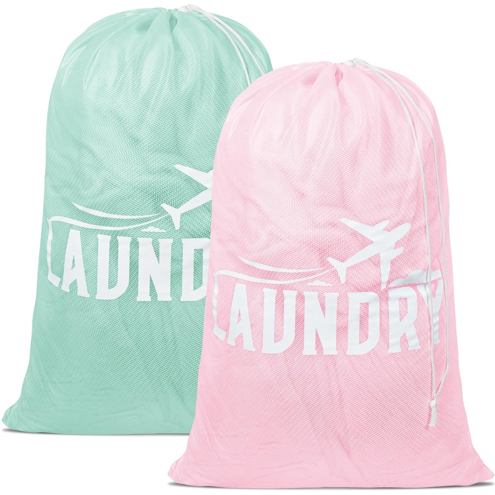 2 Pack Large Mesh Laundry Bag, Heavy Duty Laundry Bags with Drawstring, Laundry Hamper Liner, Machine Washable, for Travel, Storage, Sports, Dorms and Apartment Dwellers, 24 x 36 Inches (Pink+Green)