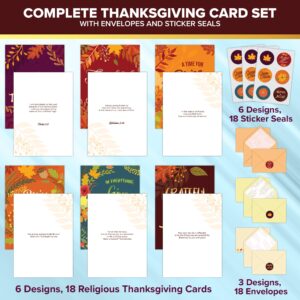 Decorably 18 Pack Foiled Religious Thanksgiving Cards with Envelopes & Stickers - 6 Designs with Printed Message Inside Christian Thanksgiving Cards Pack, 5x7in Happy Thanksgiving Cards Religious