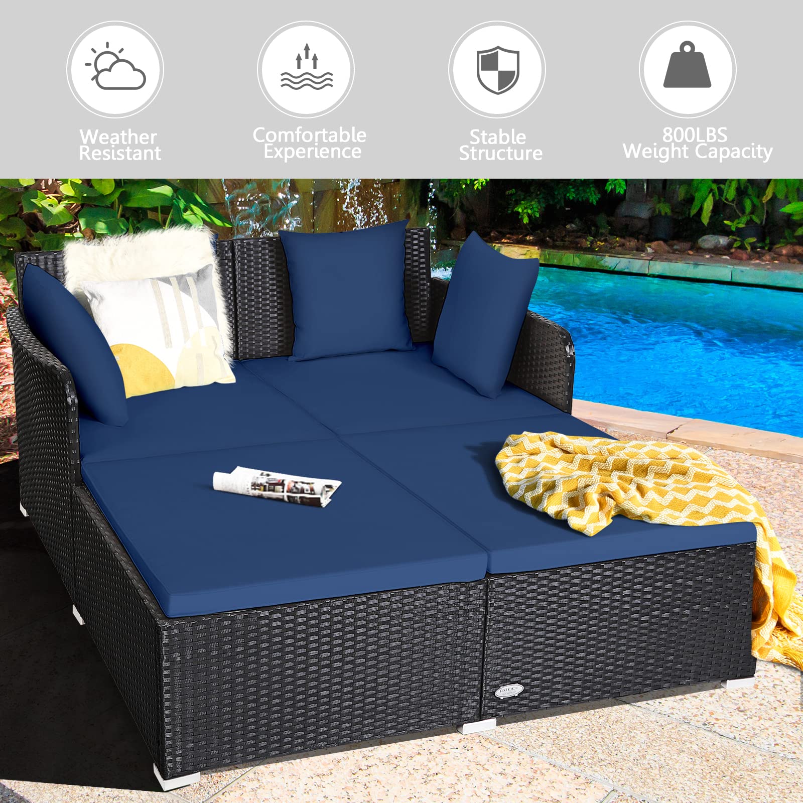 Salches Outdoor Rattan Daybed, Navy