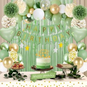 Torerun Upgraded Sage Green Birthday Party Decorations Olive Green and Gold Balloons with Happy Birthday Banner Sash,Cake Topper,Fringe Curtain,Star Hanging Swirls for Women or Girls