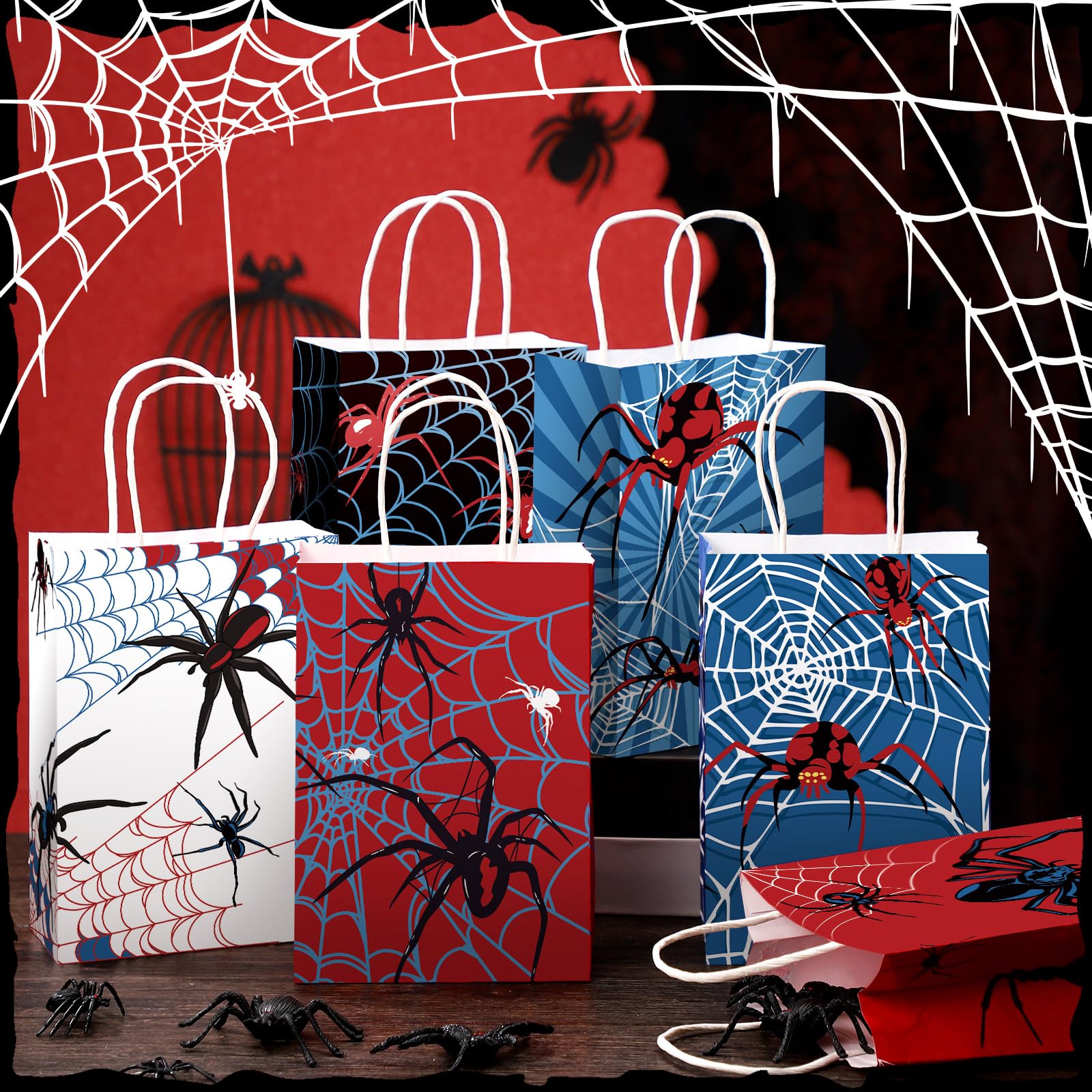 Epakh 24 Pcs Spider Party Favors Bags with Handles Spider Birthday Party Decorations Double Sided Spider Web Printed Goodie Candy Bags for Kids Boys Spider Party Favors(Black, Red, blue,Classic)