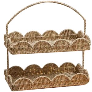 peosaard seagrass baskets 2 layers scalloped basket tray with handle rustic decorative woven basket with scalloped edge coffee table basket organizer 15.6x7.9x9.8 inch, seagrass storage baskets