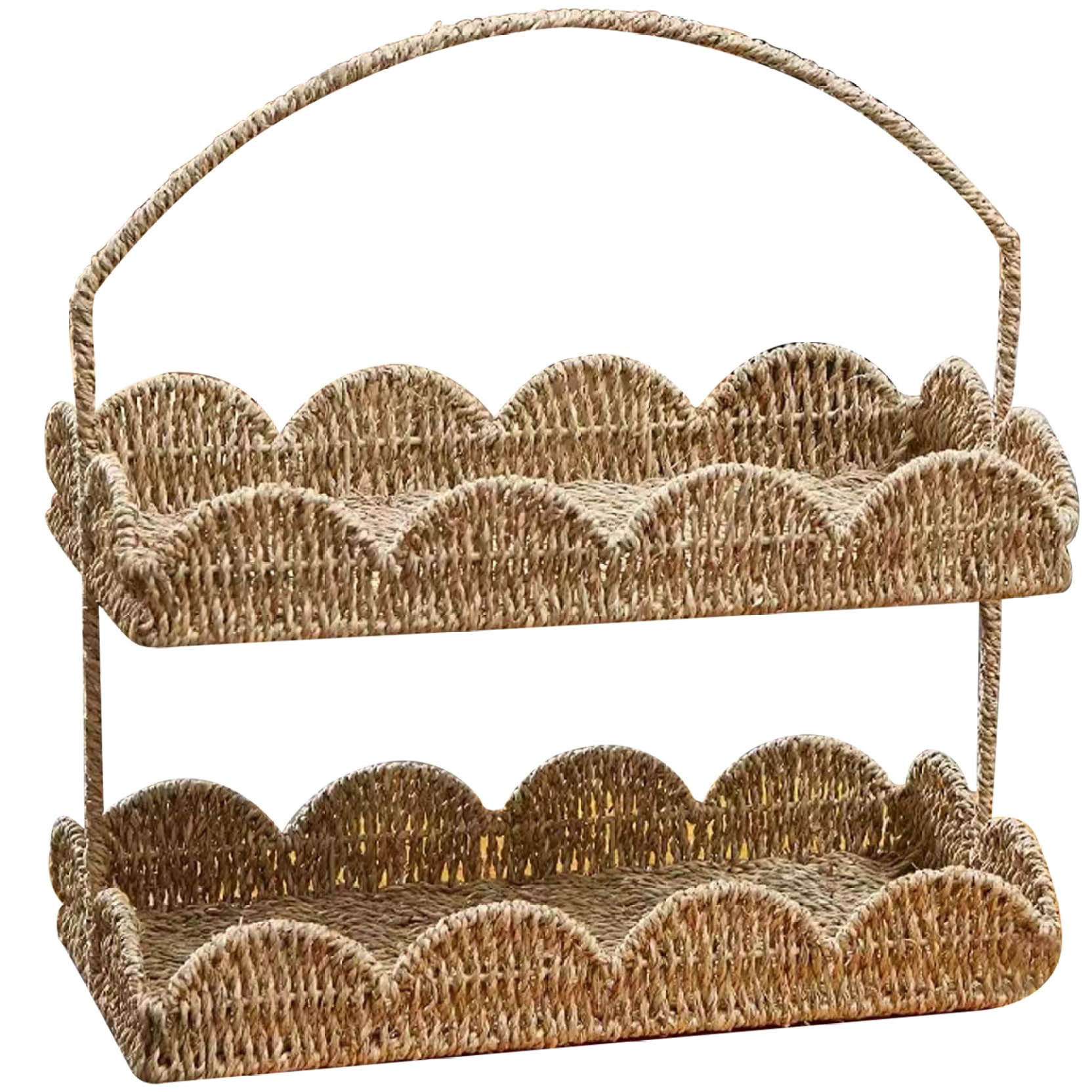 Peosaard Seagrass Baskets 2 Layers Scalloped Basket Tray with Handle Rustic Decorative Woven Basket with Scalloped Edge Coffee Table Basket Organizer 15.6x7.9x9.8 Inch, Seagrass Storage Baskets