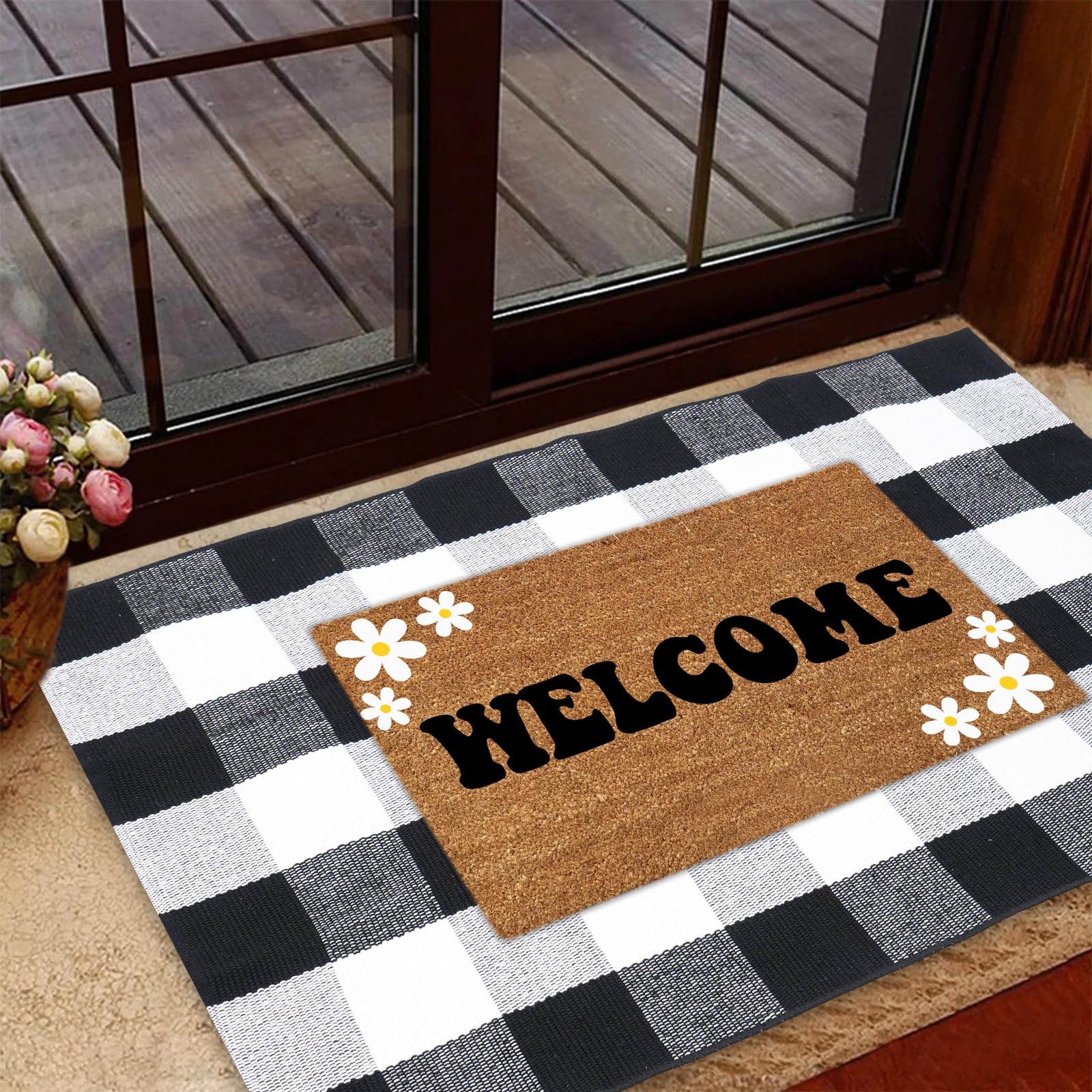 PIXFAIRY Buffalo Plaid Area Rug - 27.5x43 Inches, Black and White Checkered, Washable Cotton, Ideal for Front Porch, Kitchen, Entryway, Patio, Bathroom