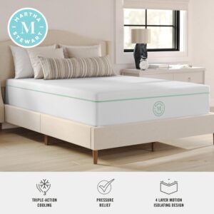 Martha Stewart SleepComplete Full Mattress in a Box, Medium-Firm Triple-Action Cooling Gel Memory Foam Mattress, Removable Coolweave Jacquard Cover, 12", White