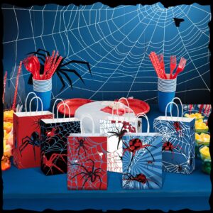 Epakh 24 Pcs Spider Party Favors Bags with Handles Spider Birthday Party Decorations Double Sided Spider Web Printed Goodie Candy Bags for Kids Boys Spider Party Favors(Black, Red, blue,Classic)