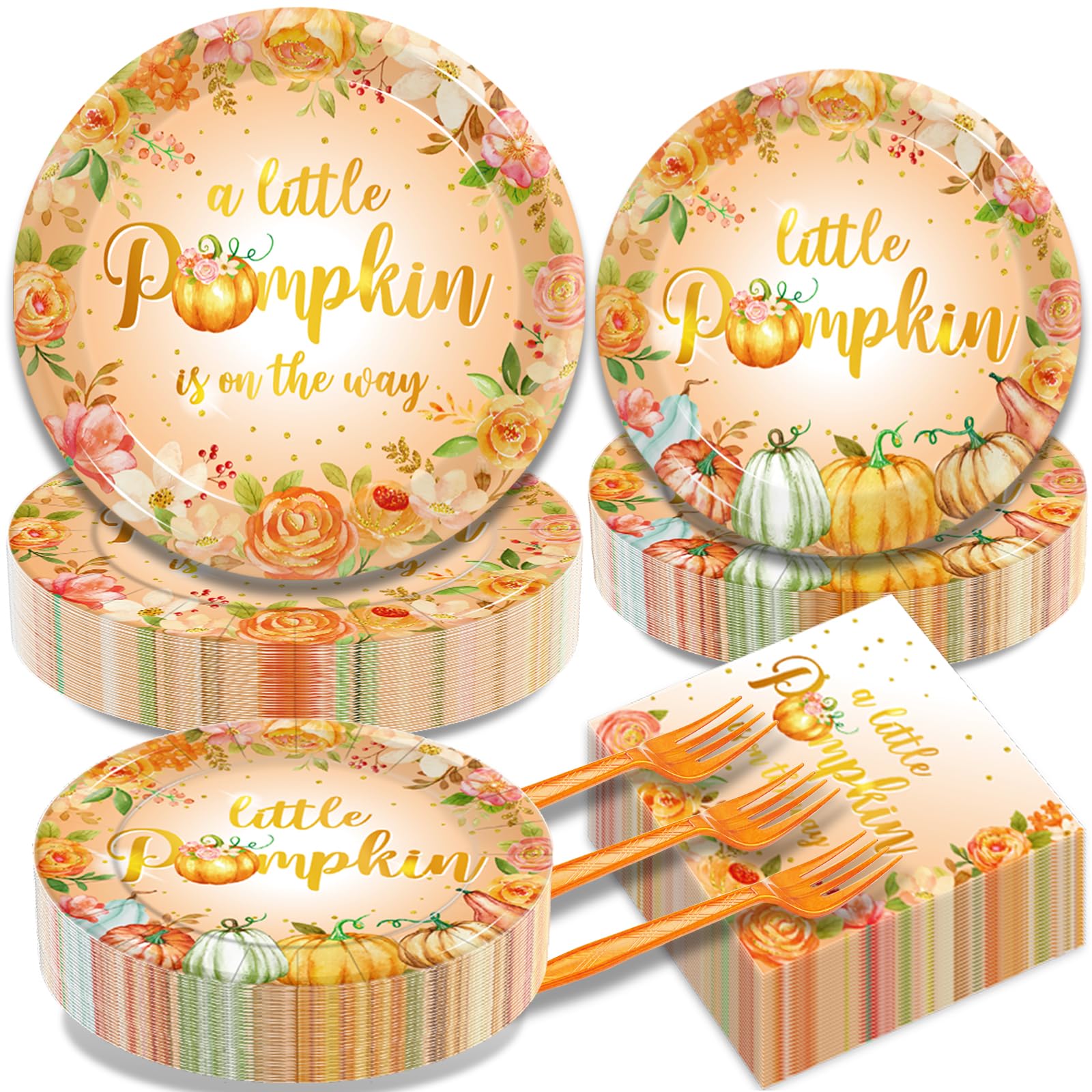 Kepeel 200Pcs Fall Little Pumpkin Baby Shower Plates and Napkins Set, Autumn A Little Pumpkin is on The Way Party Supplies Decorations Thanksgiving Baby Shower Birthday Party Tableware Kit, Serves 50