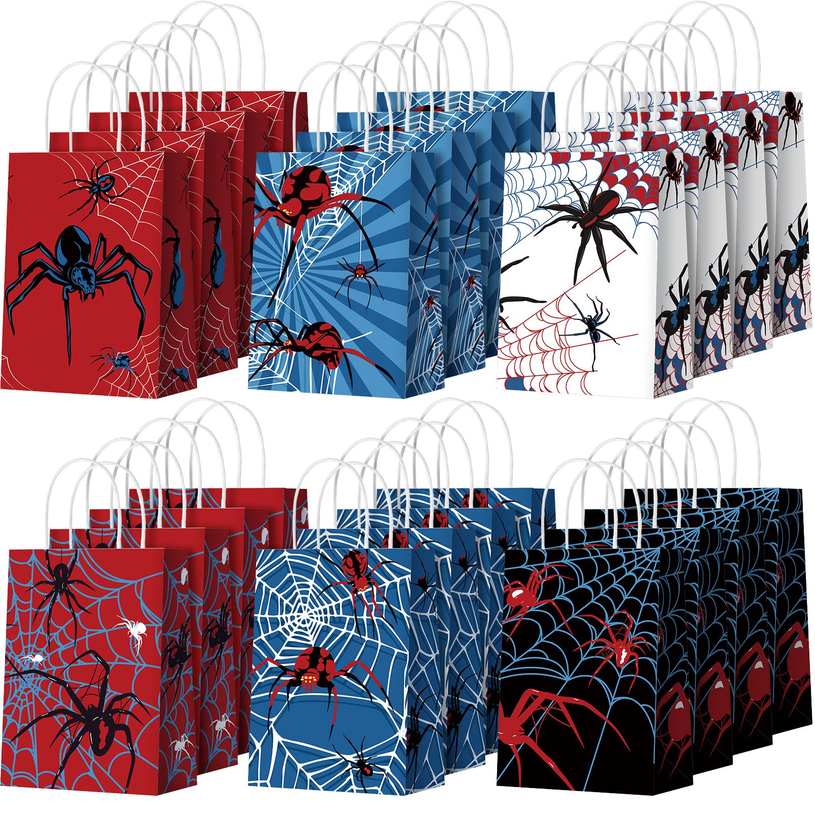 Epakh 24 Pcs Spider Party Favors Bags with Handles Spider Birthday Party Decorations Double Sided Spider Web Printed Goodie Candy Bags for Kids Boys Spider Party Favors(Black, Red, blue,Classic)