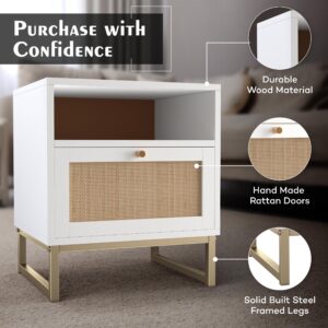 Our Modern Space Large Modern Rattan Nightstand | Boho Wood Accent Table with Storage Cabinet | Natural Light Wooden End Table - White