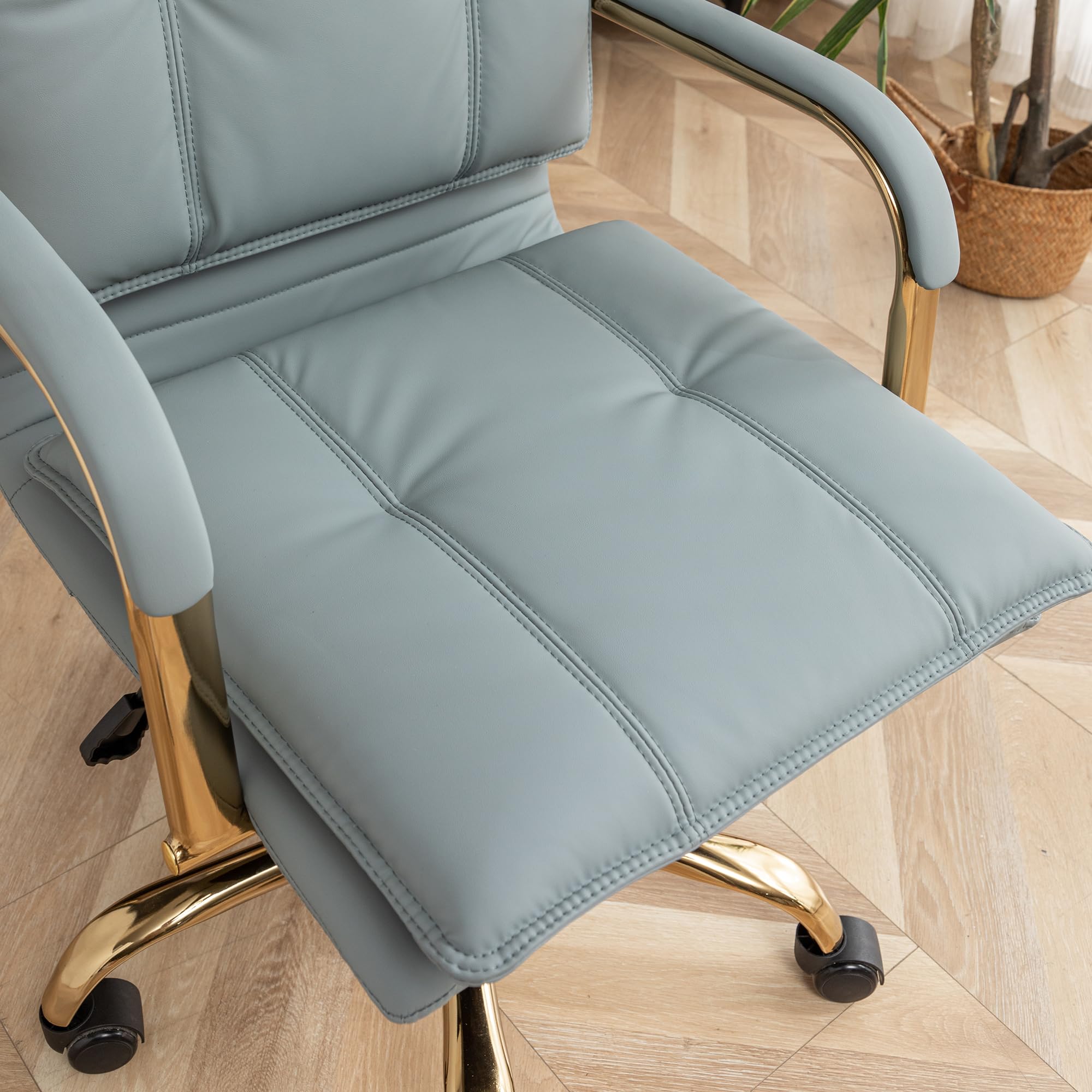 DRKAT Leather Home Office Desk Chairs Comfy Office Chair, Mid-Back Adjustable Swivel Computer Chair with Golden Legs and Arms, Modern Upholstered Task Chair with Wheels, Sage