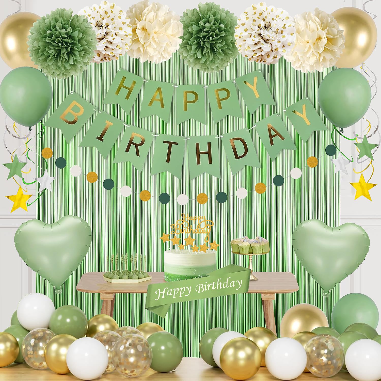 Torerun Upgraded Sage Green Birthday Party Decorations Olive Green and Gold Balloons with Happy Birthday Banner Sash,Cake Topper,Fringe Curtain,Star Hanging Swirls for Women or Girls