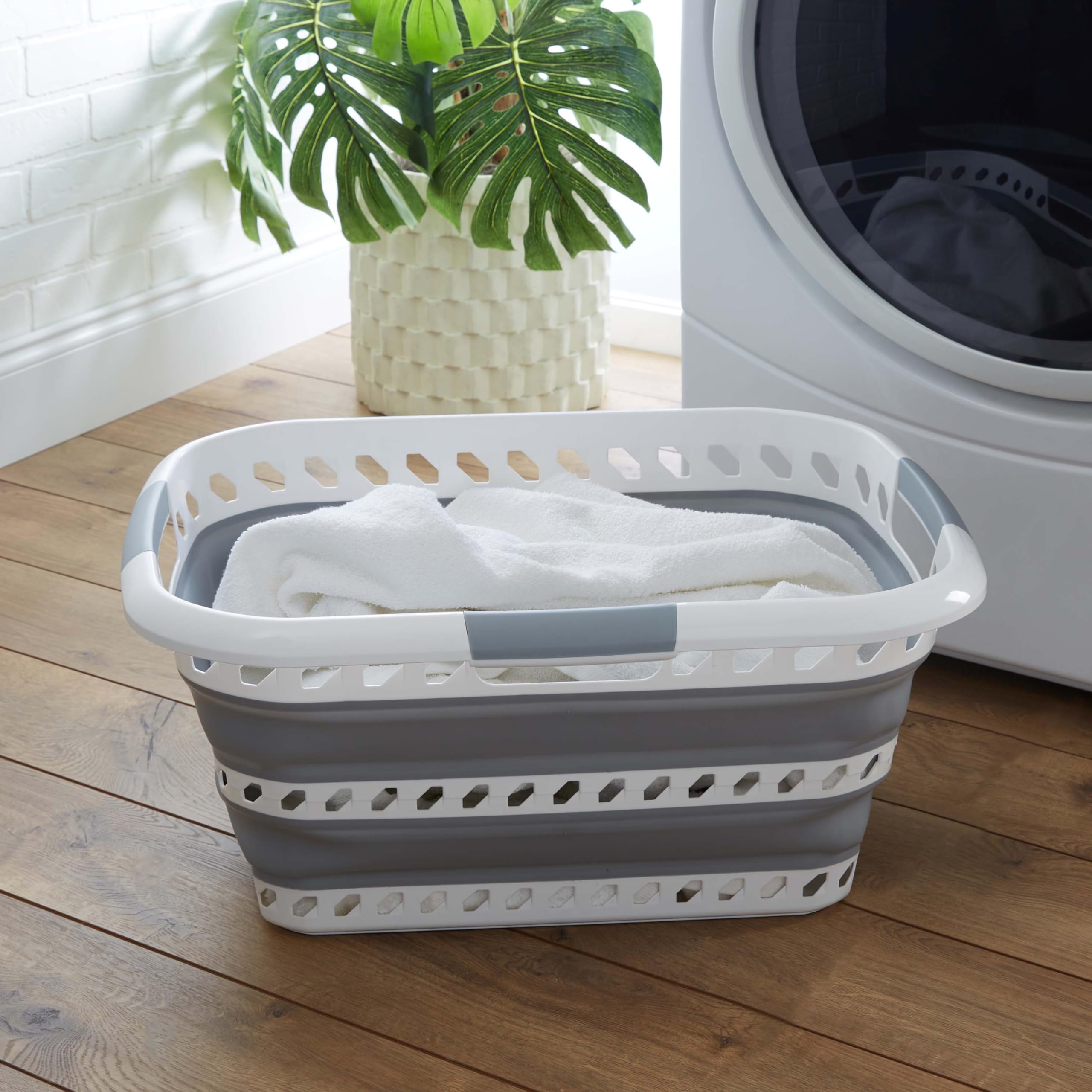 Simplify Collapsible Laundry Basket | Portable | Space Saver Storage | Hold 2 Loads | Store Under the Bed or Closet | Good for Kids | Dorm | Bedroom | Large | White/Grey