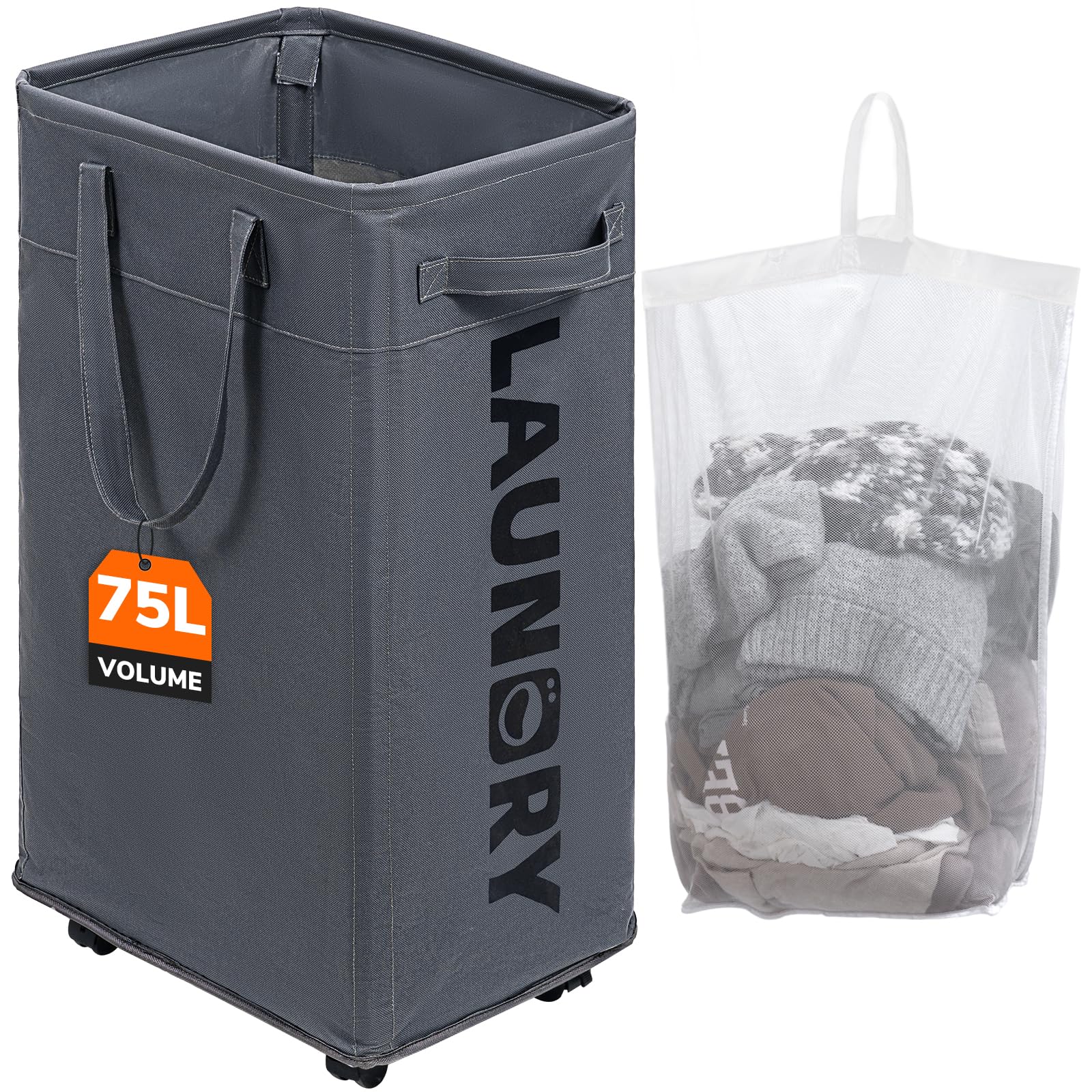 CHICVITA Rolling Laundry Basket with Wheels,75L Large Collapsible Laundry Hamper with Removable Wash Bag Space for Corner Dorms, Grey