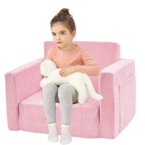 Kids Folding Sofa Chair Couch Foam Filled Lounge Toddler Chair Couch Cuddly Corduroy Comfy Bean Bag Chair Couch for Boys and Girls Pink 1-4T