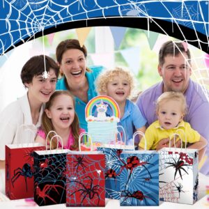 Epakh 24 Pcs Spider Party Favors Bags with Handles Spider Birthday Party Decorations Double Sided Spider Web Printed Goodie Candy Bags for Kids Boys Spider Party Favors(Black, Red, blue,Classic)