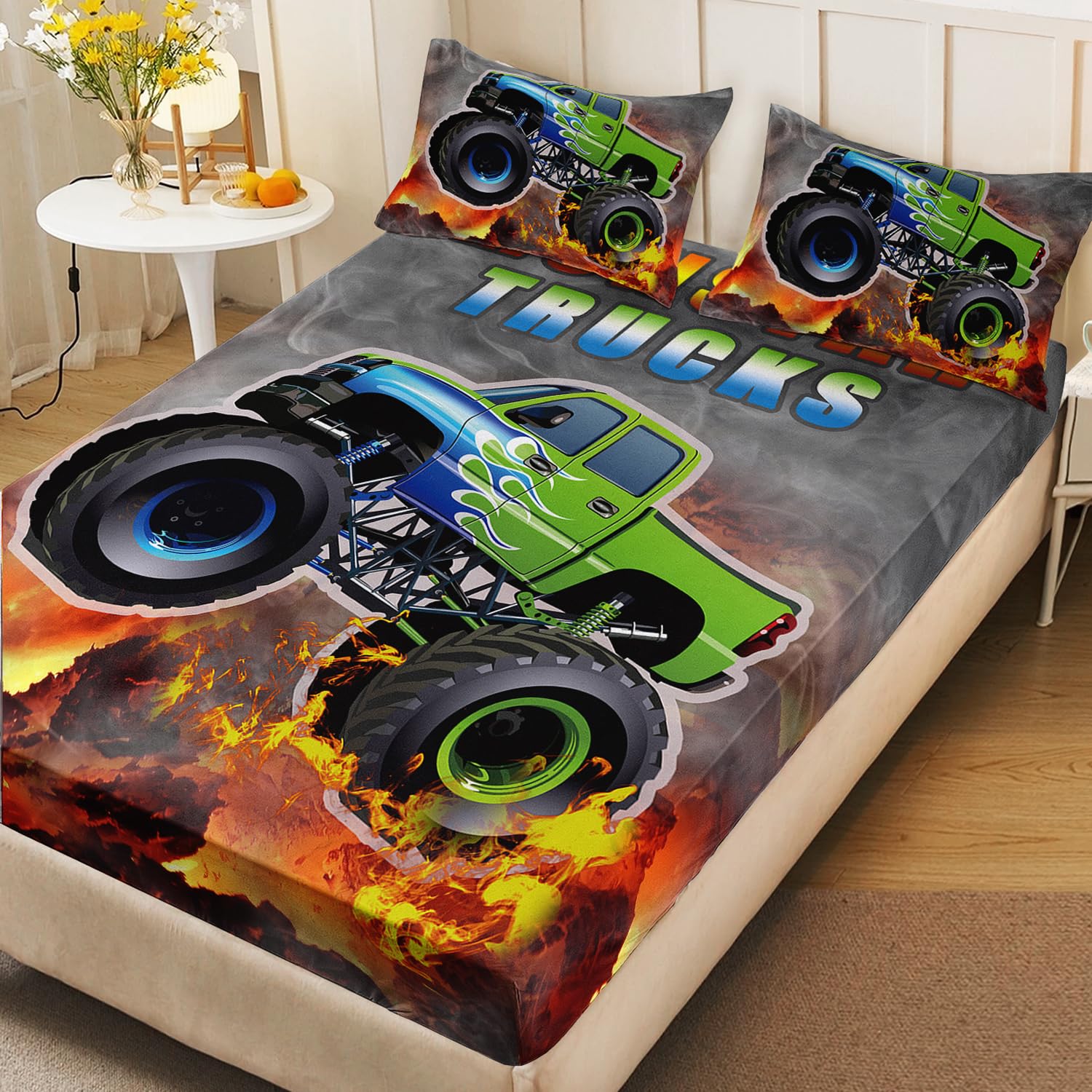 AILONEN Cartoon Green Trucks Fitted Sheet Set Twin Size, Monster Trucks Bedding Set for Kids Boys,Extreme Sports Trucks Bed Sheet Set,3 Pieces,1 Fitted Sheet and 2 Pillowcases