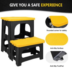 Amoise Folding 2-Step Stool, Non-Slip Portable Footstool 8" & 17" Dual Heights, Holds 250 lbs, Portable Footstool for Kitchen Home Toilet Bedroom Office Bathroom RV(Yellow)