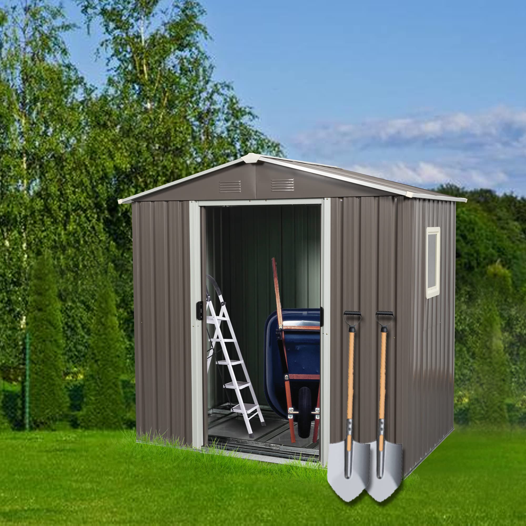 6 x 5 FT Outdoor Storage Shed, Metal Garden Shed with Floor Frame, Tool Shed Outdoor Storage with Lockable Sliding Doors & Window & Air Vents, Storage House Waterproof for Backyard, Lawn, Gray