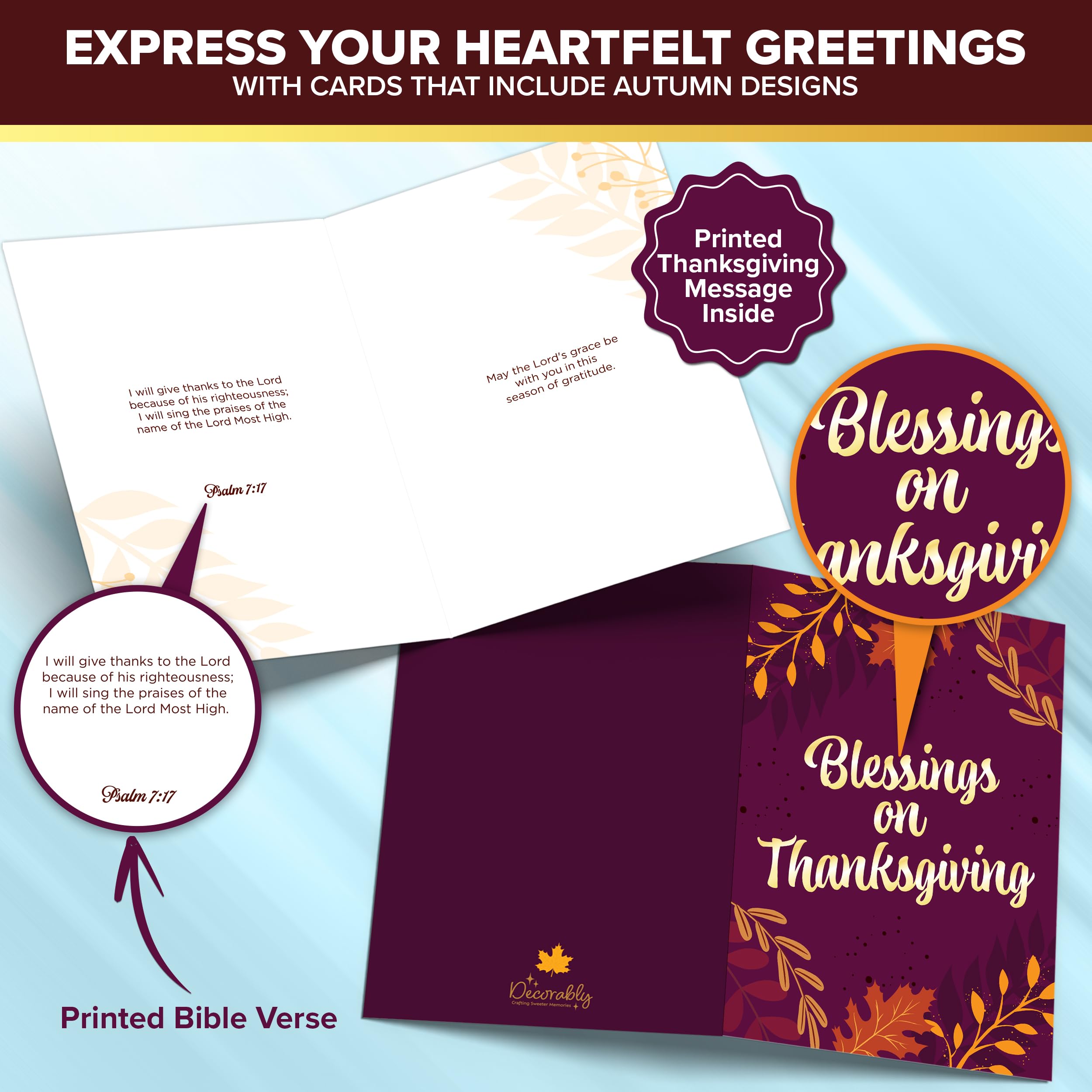 Decorably 18 Pack Foiled Religious Thanksgiving Cards with Envelopes & Stickers - 6 Designs with Printed Message Inside Christian Thanksgiving Cards Pack, 5x7in Happy Thanksgiving Cards Religious