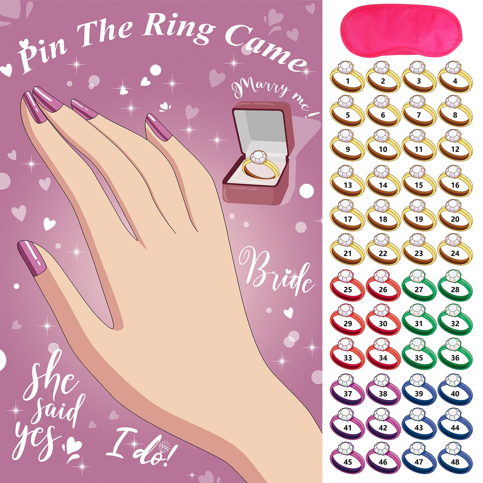 Hxezoc Pin The Ring On The Bride Game with 48 Pcs Rings, Large Bridal Party Games Poster for Bachelorette Party, Bridal Shower, Wedding Party, Birthday Party, Carnival Party Supplies