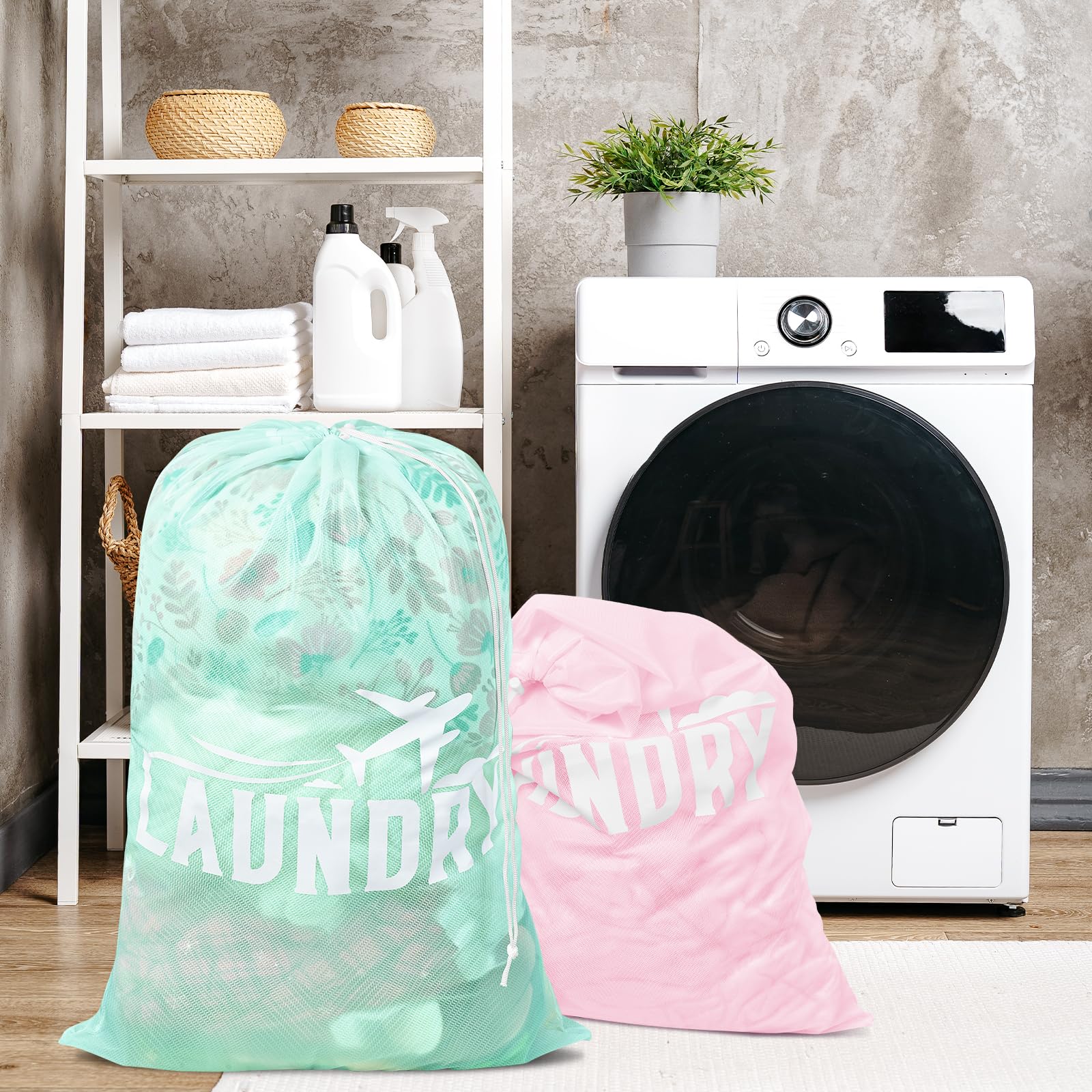 2 Pack Large Mesh Laundry Bag, Heavy Duty Laundry Bags with Drawstring, Laundry Hamper Liner, Machine Washable, for Travel, Storage, Sports, Dorms and Apartment Dwellers, 24 x 36 Inches (Pink+Green)