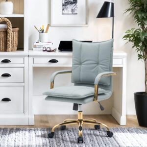 drkat leather home office desk chairs comfy office chair, mid-back adjustable swivel computer chair with golden legs and arms, modern upholstered task chair with wheels, sage