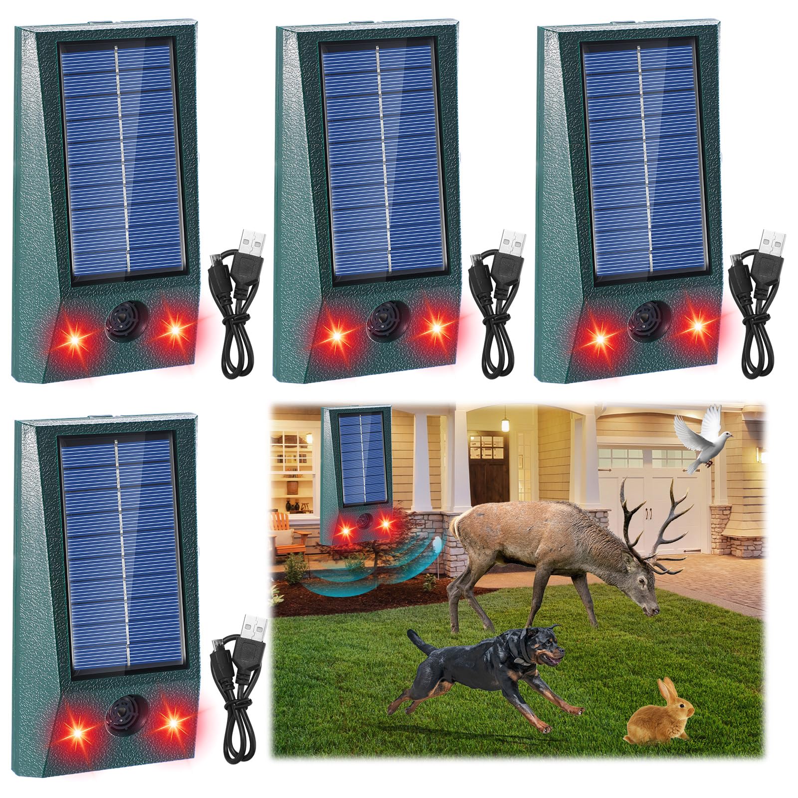 Qualirey 4 Pcs Solar Ultrasonic Animal Repeller Outdoor Mouse Repellent Devices with Strobe Flashing Light Waterproof Solar Animal Repeller for Wolves, Dog, Deer, Yard Garden