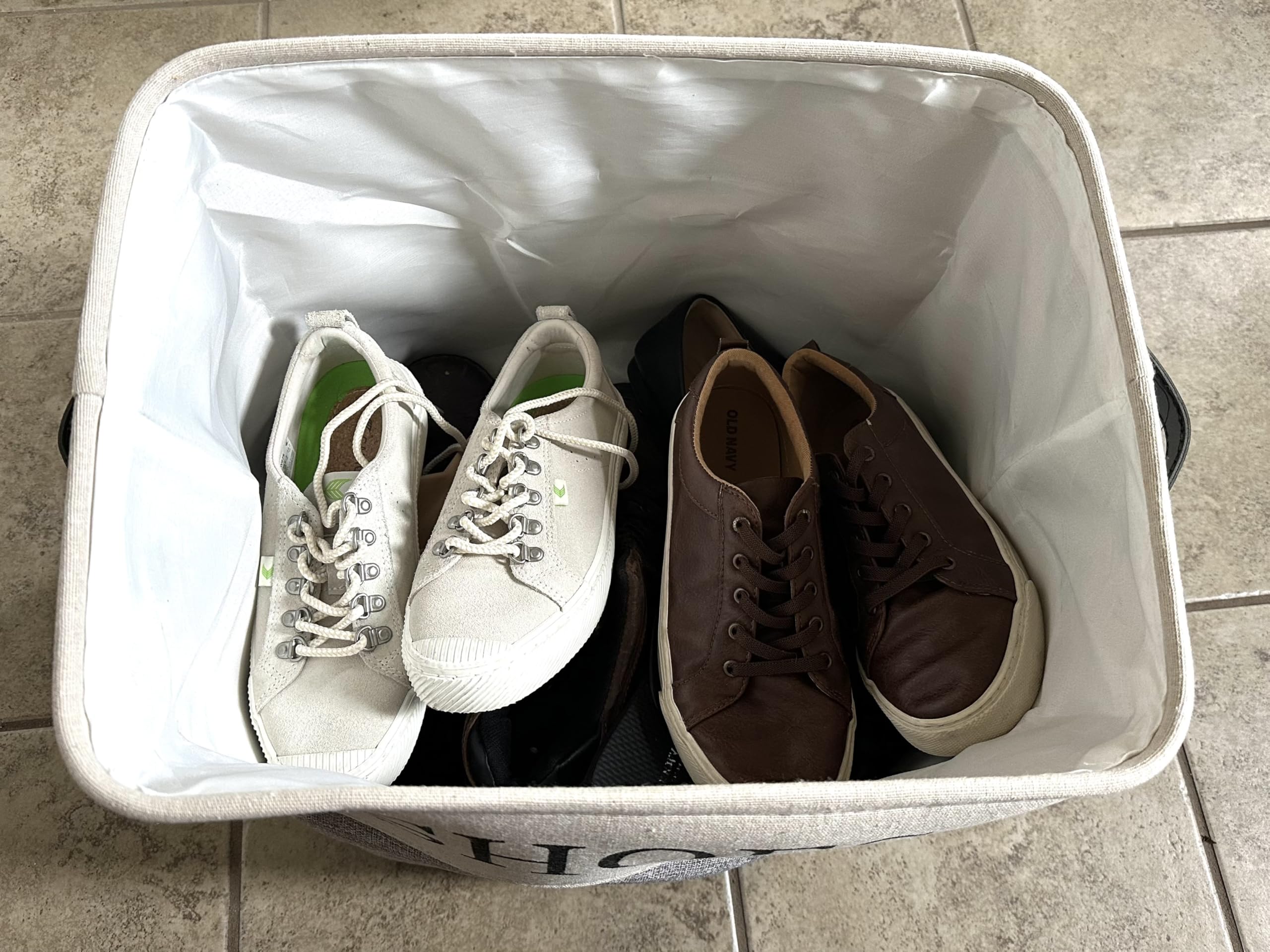 Shoe Storage Bin and Organizer for Hallway, Entryway or Mudroom. Space saver for many pairs of footware to store in one stylish container.