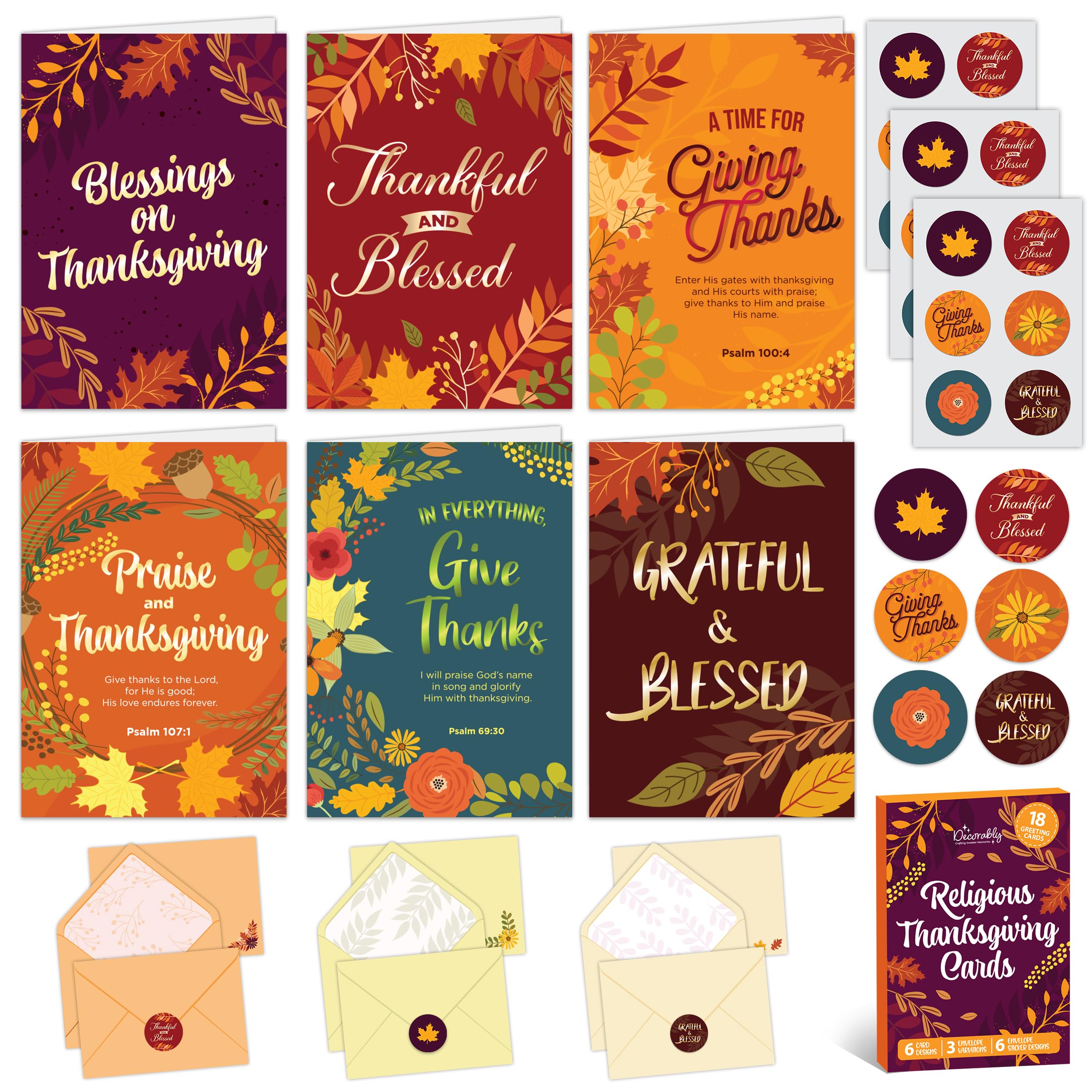 Decorably 18 Pack Foiled Religious Thanksgiving Cards with Envelopes & Stickers - 6 Designs with Printed Message Inside Christian Thanksgiving Cards Pack, 5x7in Happy Thanksgiving Cards Religious