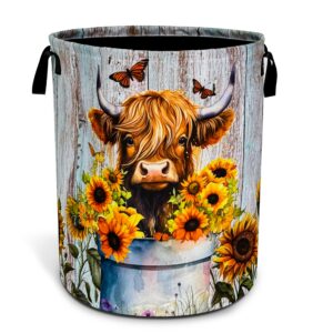 highland cow sunflower laundry basket animal foldable oxford cloth funny tote bag laundry hamper clothes storage bucket toy organizer for bathroom/laundry storage/bedroom 18.9x16.5 inch