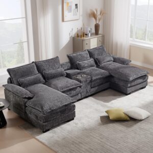 suheww u shaped modular sectional sofa, 124.8" cloud couch for living room, grey fluffy chenille couch with console cupholders and usb port comfy sofas for apartment studio office