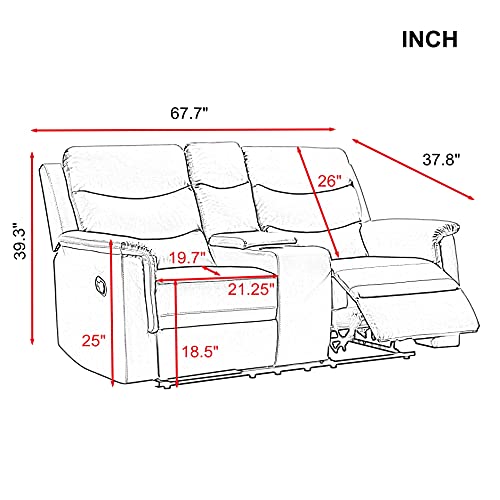 PU Leather Wall Hugger Manual Recliner Chair with Center Console& Cup Holders,Double Reclining Sectional Sofa 2-Seat Loveseat Sofá Couch for Living Room Apartment Office RV Theater Furniture Set