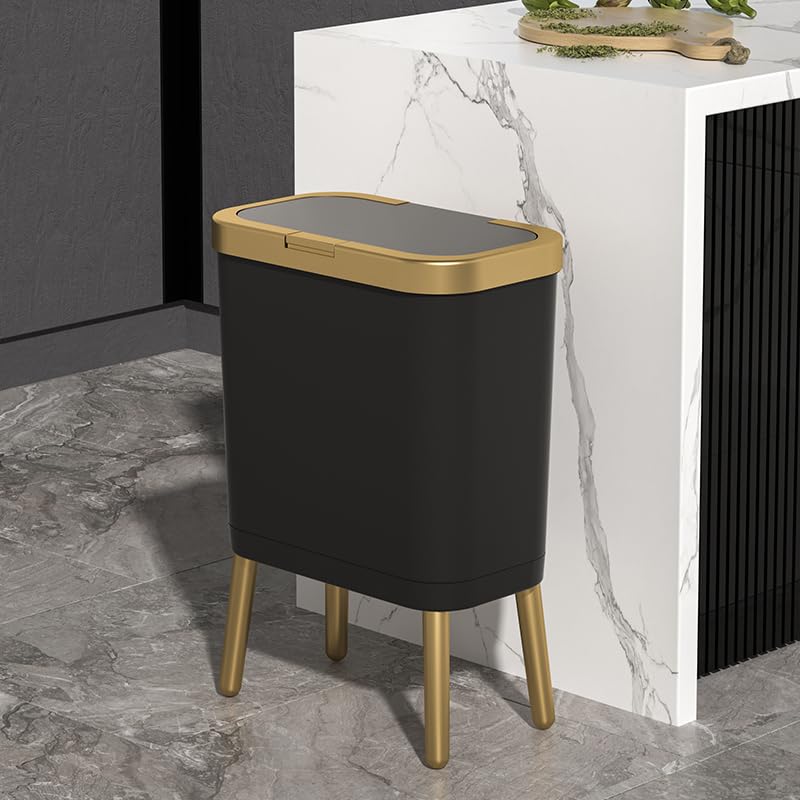 Procade 2Pack Office Trash Can with Lid, 4 Gallon Gold Trash Can Bathroom,Black Garbage Can with Push Button, Narrow Garbage Bin Waste Basket for Bedroom, Kitchen,Toilet(Black+Black)