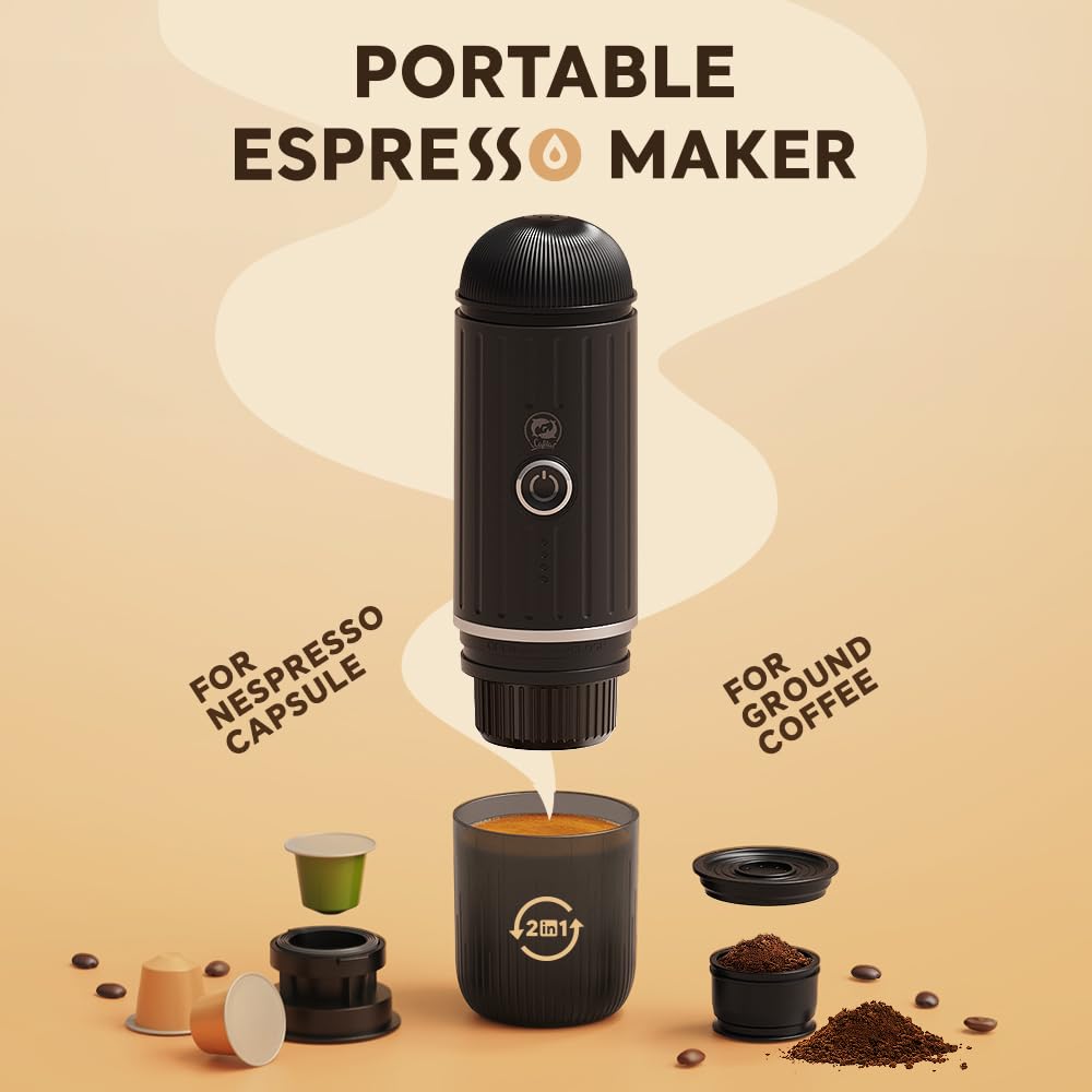 BENFUCHEN Portable Espresso Machine For Travel, USB-C Charging, Self-Heating Electric Espresso Maker, 19 Bar Mini Coffee Maker On the Go For Camping & Hiking For Ground Coffee & NESPRESSOpods, Black