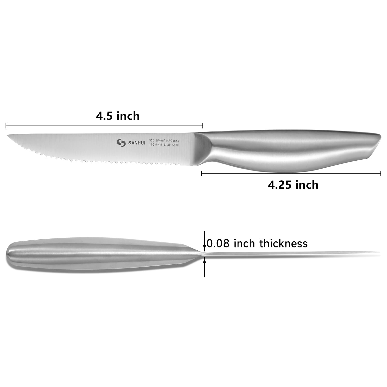 SANHUI Steak Knives, Steak Knife Set of 8, German Stainless Steel Steak Knife Serrated, Silver