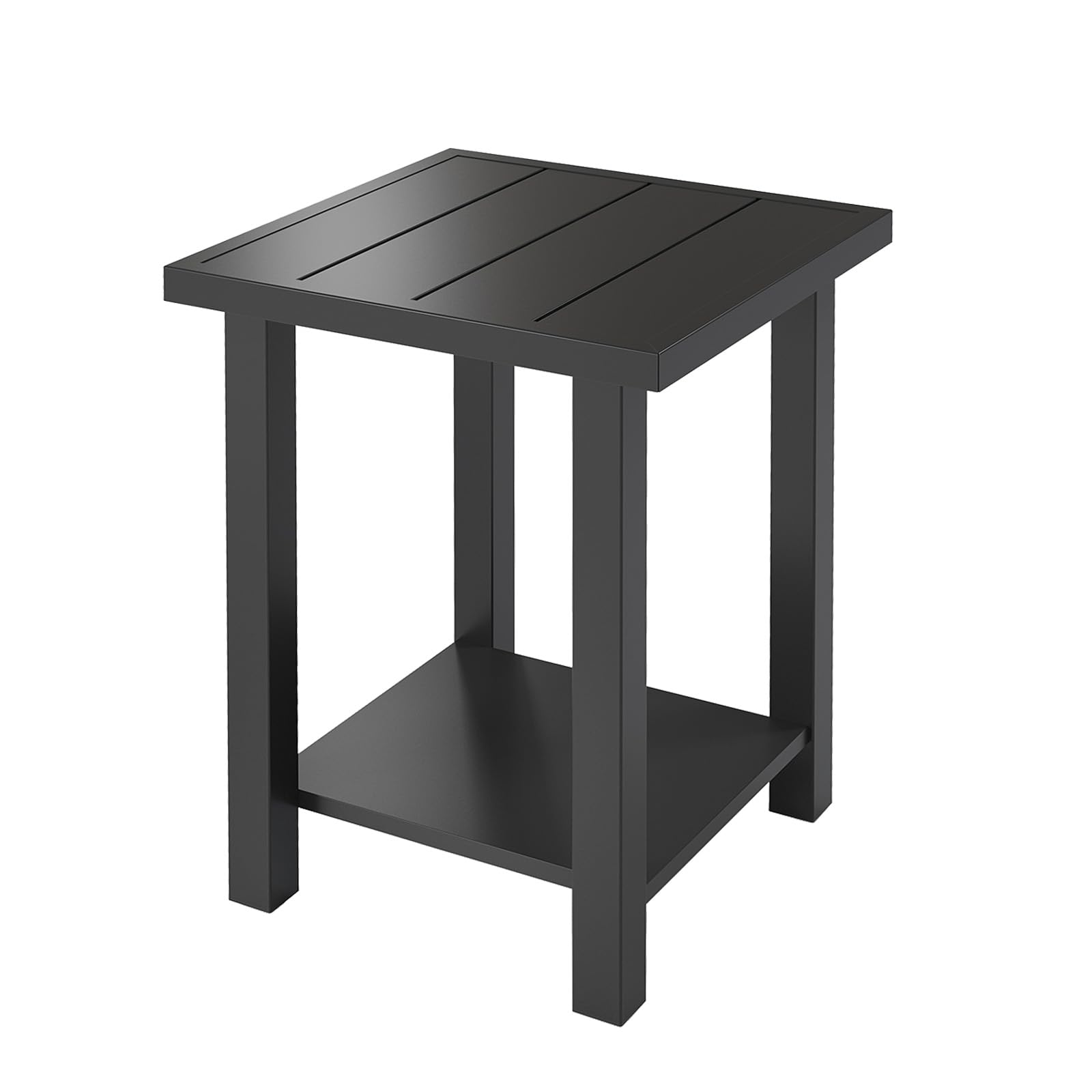 Metal Outdoor Side Table, 2-Tier Sturdy Patio End Table Weather Resistant, 16.5" * 16.5" * 18.1" Solid Square End Table for Patio, Pool, Porch (Black)