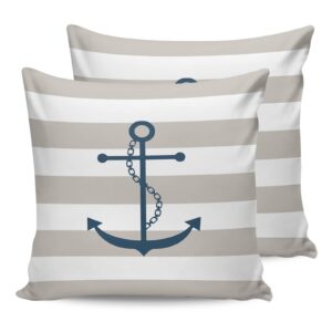 Outdoor Waterproof Pillow Covers for Patio Blue Nautical Anchor Chain Decorative Throw Pillow Cover Beige White Stripes Pillowcases Set of 2 Cushion Case for Sofa Couch Chair Home Decor 20x20 inch