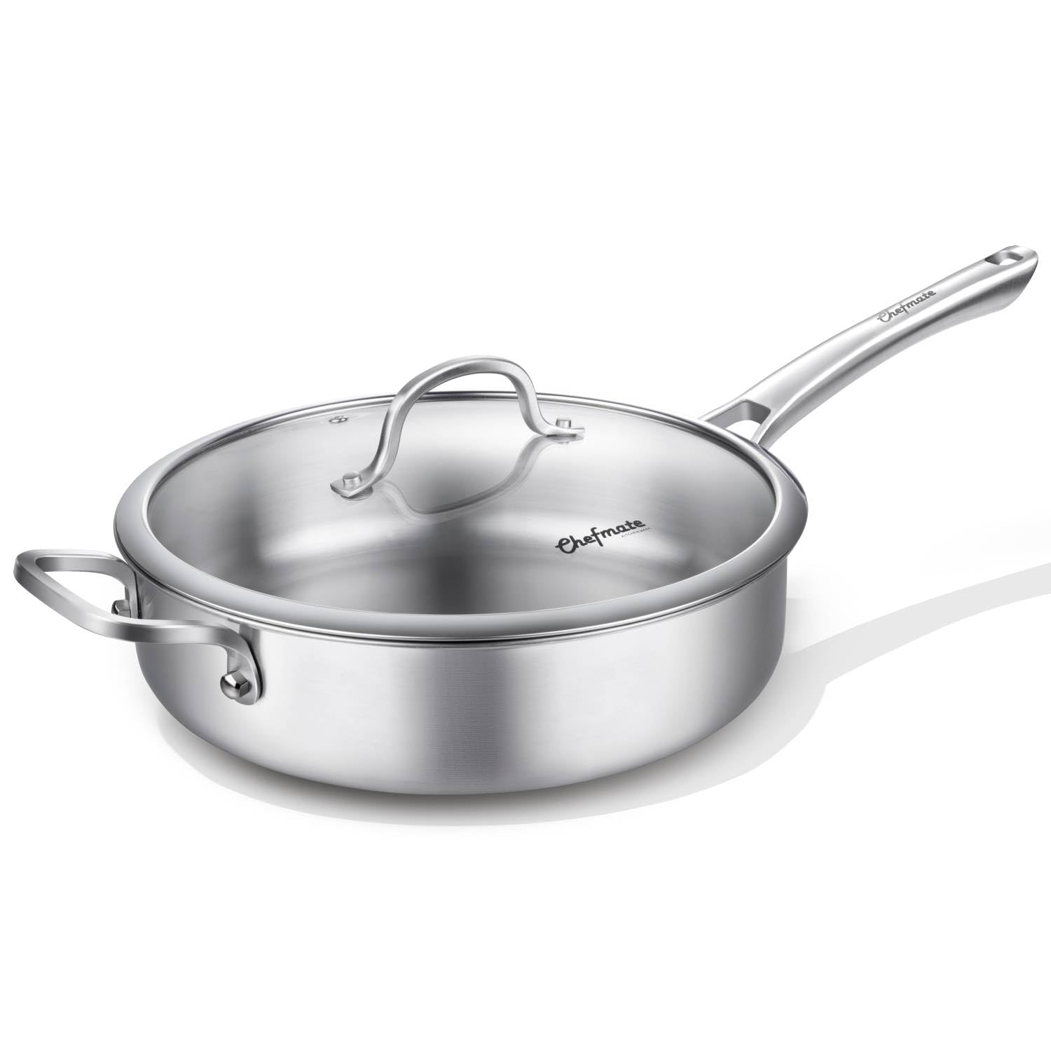 Chefmate Saute Pan,5 Quart Saute pan,Stainless Steel Cookware,Stainless Steel skillet,12 inch Stainless Steel Saute Pans with Lid,Dishwasher and Oven Safe, Works on All Cooktops