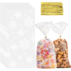 christmas treat bags, snowflake christmas candy bags, 100pcs christmas cellophane bags, plastic christmas cookie goodie bags xmas gift bags with twist ties for christmas holiday party favors supplies