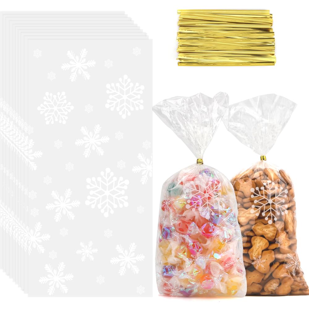 Christmas Treat Bags, Snowflake Christmas Candy Bags, 100PCS Christmas Cellophane Bags, Plastic Christmas Cookie Goodie Bags Xmas Gift Bags with Twist Ties for Christmas Holiday Party Favors Supplies