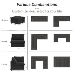 Cloud Modular Sectional Sofa,Down Filled Comfort Sofa Couch for Living Room,Minimalist Wide Deep Seat Convertible Couches,Sofa Cover Washable & Removable (Black, 8 Seater)