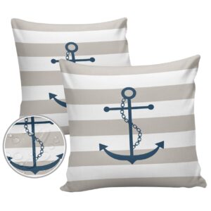 Outdoor Waterproof Pillow Covers for Patio Blue Nautical Anchor Chain Decorative Throw Pillow Cover Beige White Stripes Pillowcases Set of 2 Cushion Case for Sofa Couch Chair Home Decor 20x20 inch