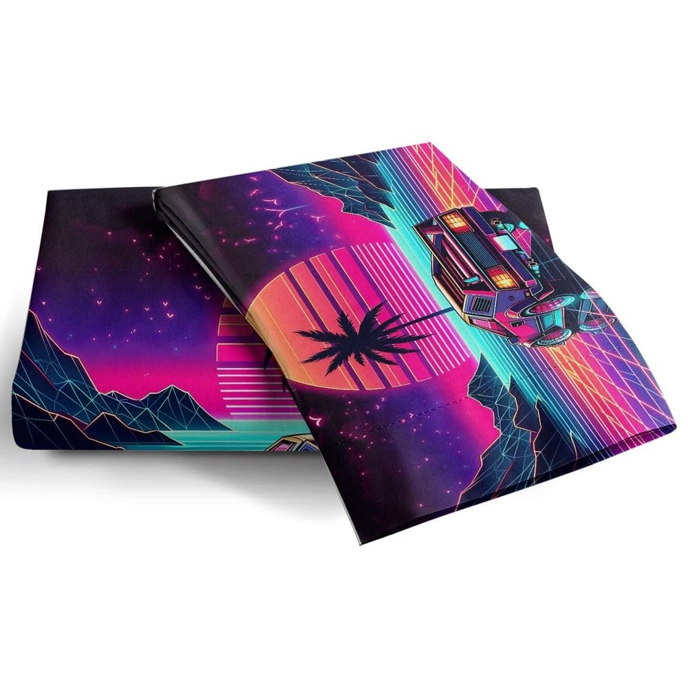 NEWAKI Synthwave Neon Miami Style Duvet Cover Set - 3D Digital Print Ultra-Soft Microfiber, 3 Piece Bedding Set with Zipper Closure, Includes 1 Comforter Cover and 2 Pillowcases (Full (79"x90"),01)